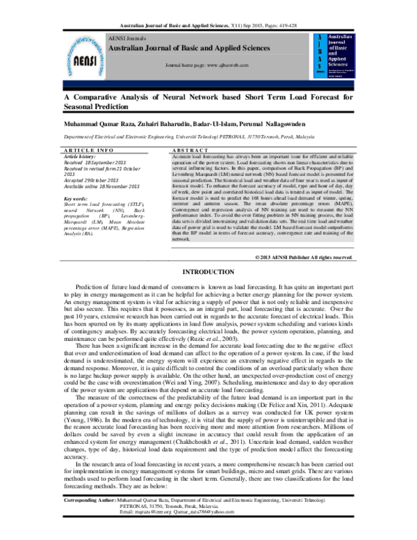 Pdf A Comparative Analysis Of Neural Network Based Short Term Load Forecast For Seasonal
