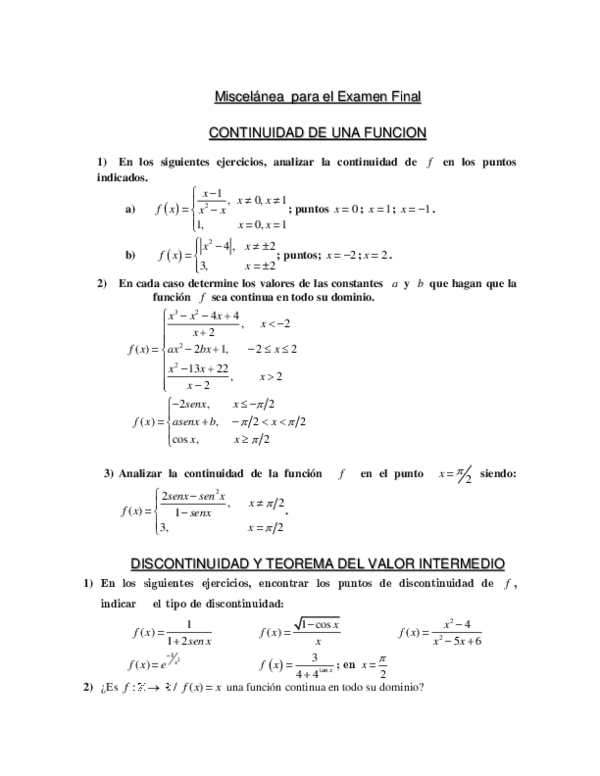 (PDF) Miscelánea para el Examen Final CONTINUIDAD DE UNA FUNCION