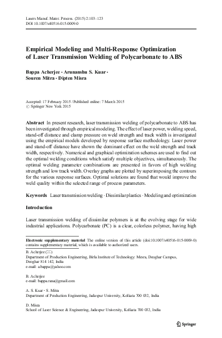 (PDF) Empirical Modeling and Multi-Response Optimization of Laser Transmission Welding of ...