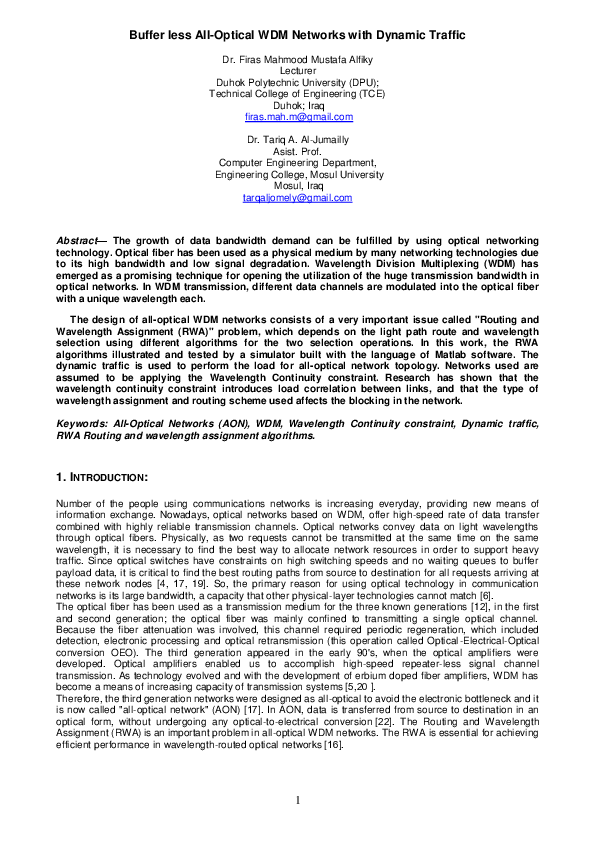 Pdf Buffer Less All Optical Wdm Networks With Dynamic Traffic2016final