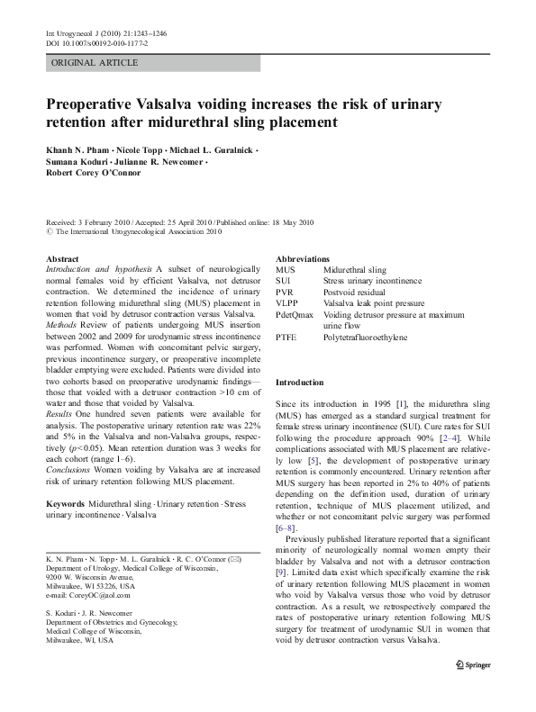 Pdf Preoperative Valsalva Voiding Increases The Risk Of Urinary Retention After Midurethral