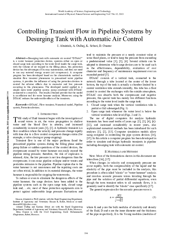(PDF) Controlling Transient Flow in Pipeline Systems by Desurging Tank with Automatic Air Control