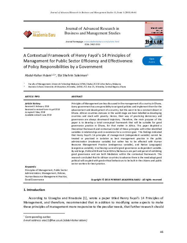 (PDF) A Contextual Framework of Henry Fayol's 14 Principles of Management for Public Sector ...