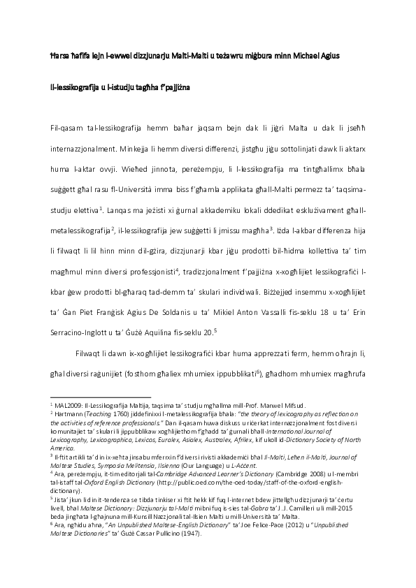 (PDF) Ħarsa ħafifa lejn l-ewwel dizzjunarju Malti-Malti u teżawru ...