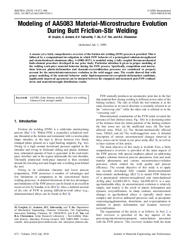 Pdf Modeling Of Aa5083 Material Microstructure Evolution During Butt Friction Stir Welding