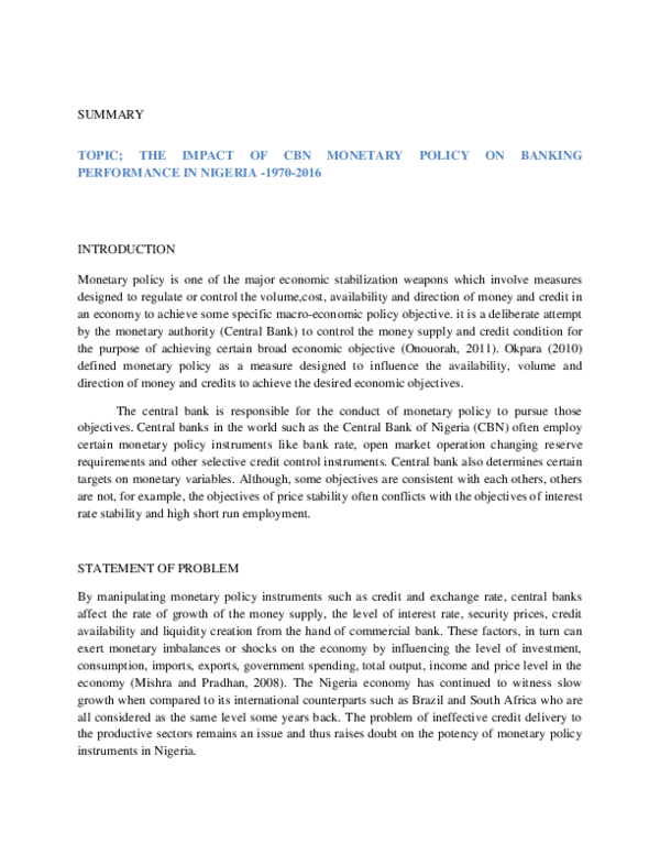 (DOC) SUMMARY TOPIC; THE IMPACT OF CBN MONETARY POLICY ON BANKING ...