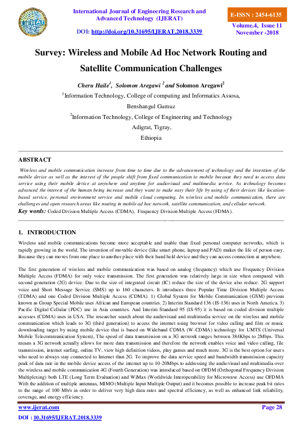 Pdf Survey Wireless And Mobile Ad Hoc Network Routing And Satellite
