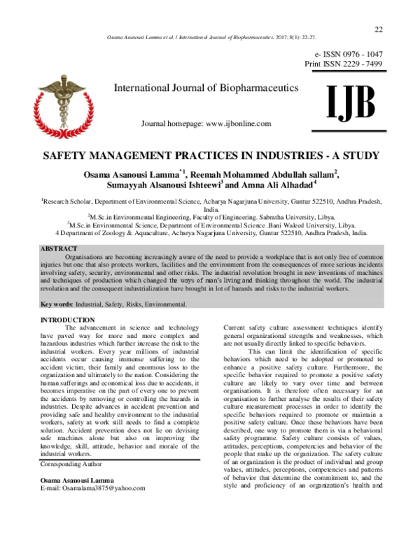 (PDF) SAFETY MANAGEMENT PRACTICES IN INDUSTRIES -A STUDY