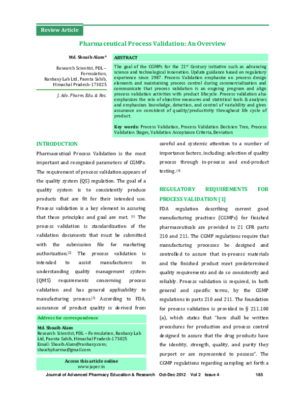 (PDF) Pharmaceutical Process Validation: An Overview