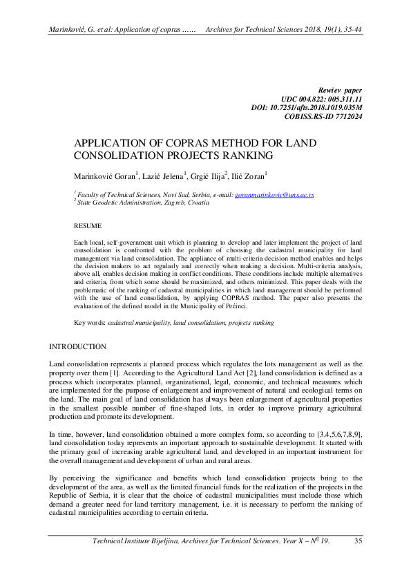 (PDF) APPLICATION OF COPRAS METHOD FOR LAND CONSOLIDATION PROJECTS RANKING