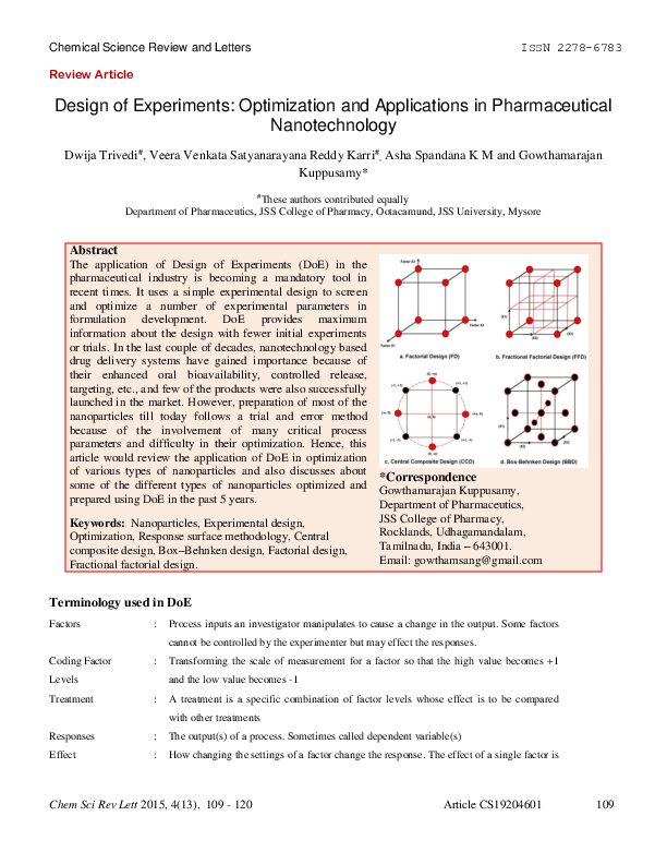 (PDF) Design of Experiments: Optimization and Applications in Pharmaceutical Nanotechnology