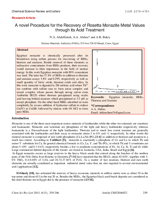 (PDF) A novel Procedure for the Recovery of Rosetta Monazite Metal ...