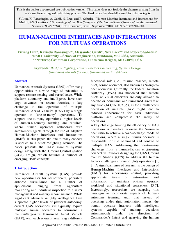 (PDF) Human-Machine Interfaces and Interactions for Multi UAS Operations