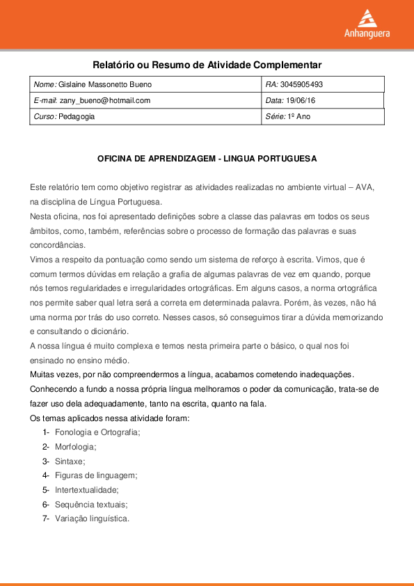 (DOC) Relatório ou Resumo de Atividade Complementar