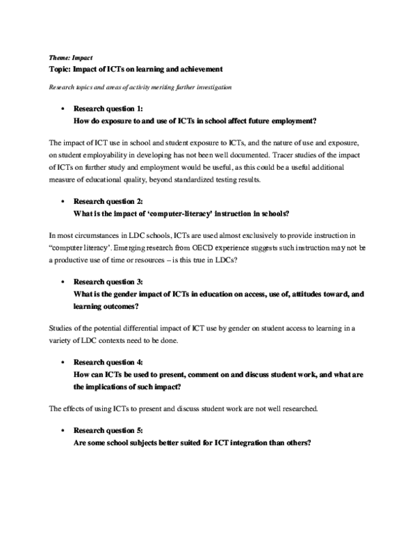 (DOC) Topic: Impact of ICTs on learning and achievement