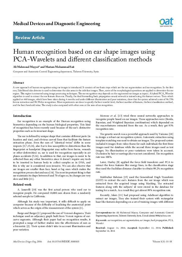 (PDF) Human recognition based on ear shape images using PCA-Wavelets and different ...