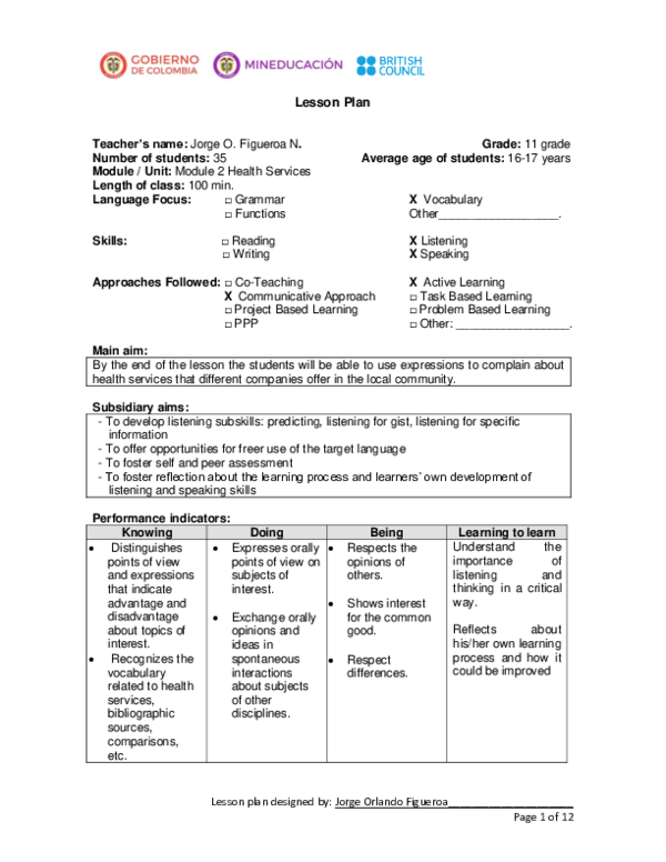 (PDF) Lesson Plan listenig and speakig 11 v2