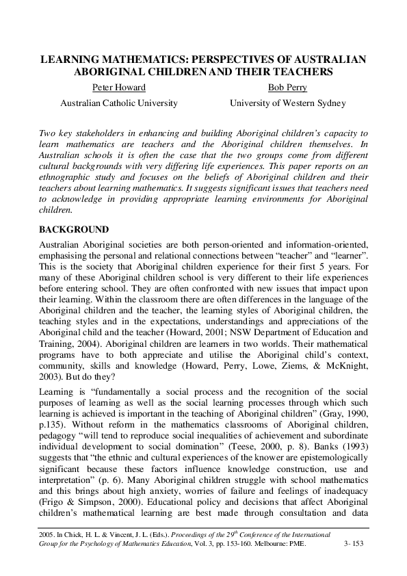 (PDF) Learning Mathematics: Perspectives of Australian Aboriginal ...