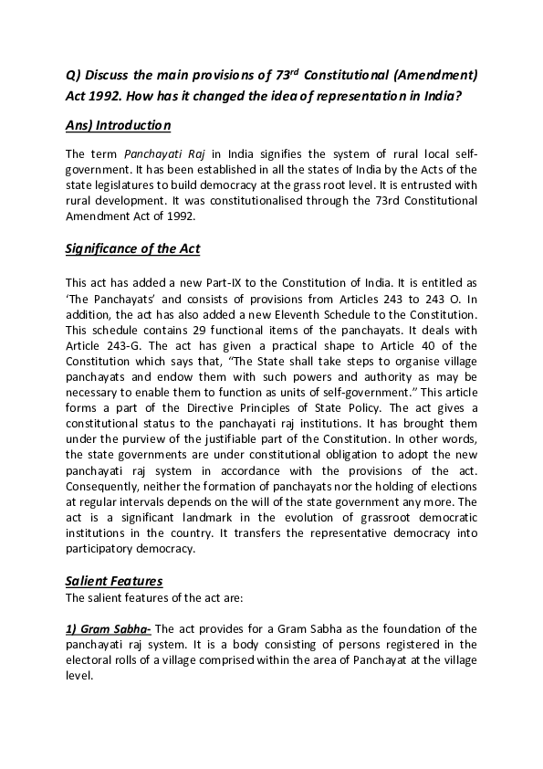(PDF) Q) Discuss the main provisions of 73 rd Constitutional (Amendment ...