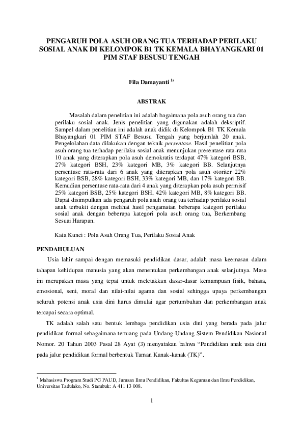 (PDF) PENGARUH POLA ASUH ORANG TUA TERHADAP PERILAKU SOSIAL ANAK DI KELOMPOK B1 TK KEMALA ...