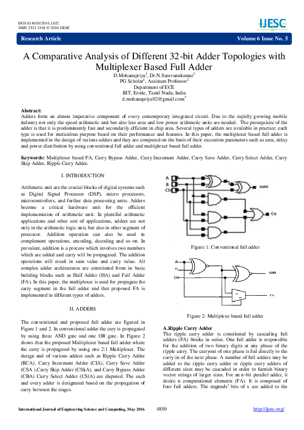 Pdf A Comparative Analysis Of Different 32 Bit Adder Topologies With Multiplexer Based Full Adder