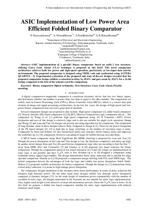Pdf Asic Implementation Of Low Power Area Efficient Folded Binary
