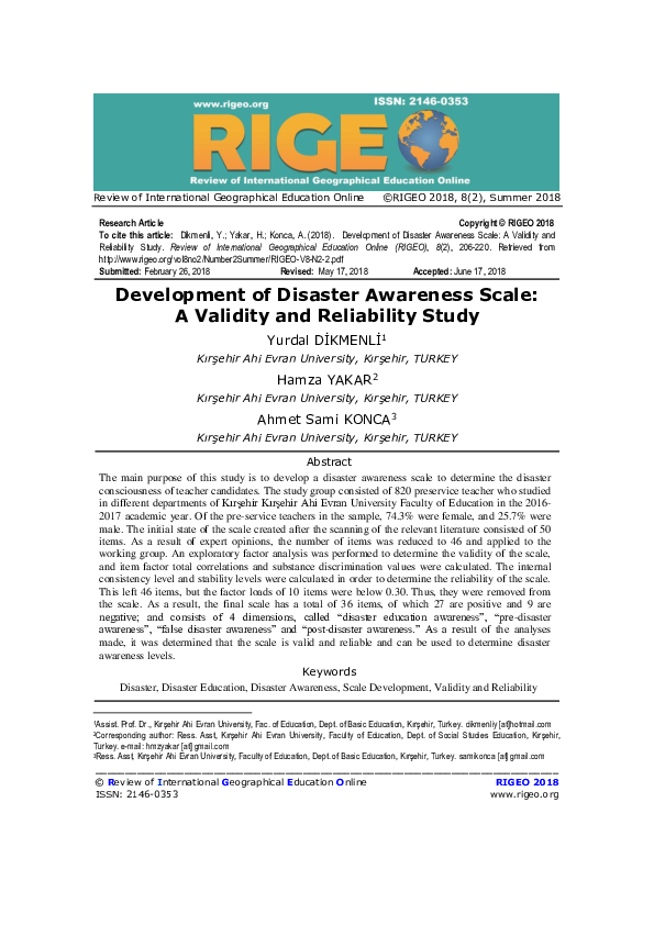 (PDF) Development of Disaster Awareness Scale: A Validity and Reliability Study