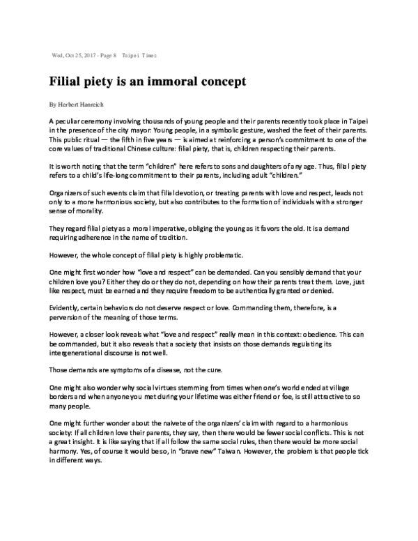 (PDF) Filial piety is an immoral concept (newspaper article 2018)