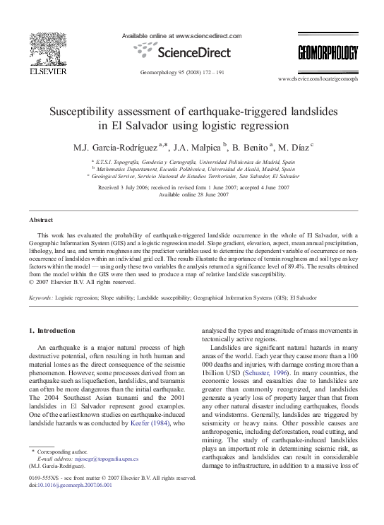 (PDF) Susceptibility assessment of earthquake-triggered landslides in El Salvador using logistic ...