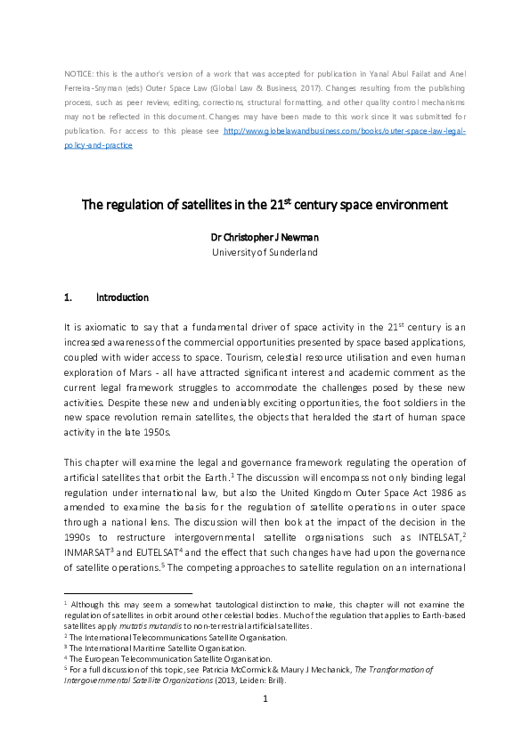(PDF) The regulation of satellites in the 21 st century space environment