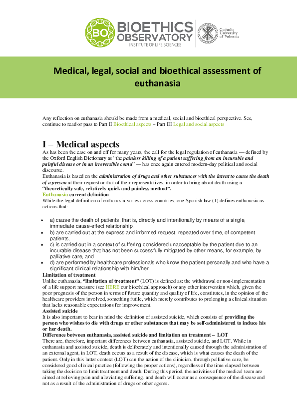 (PDF) Medical, legal, social and bioethical assessment on euthanasia