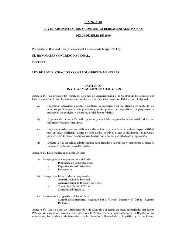 (PDF) LEY No. 1178 LEY DE ADMINISTRACION Y CONTROL GUBERNAMENTALES (SAFCO