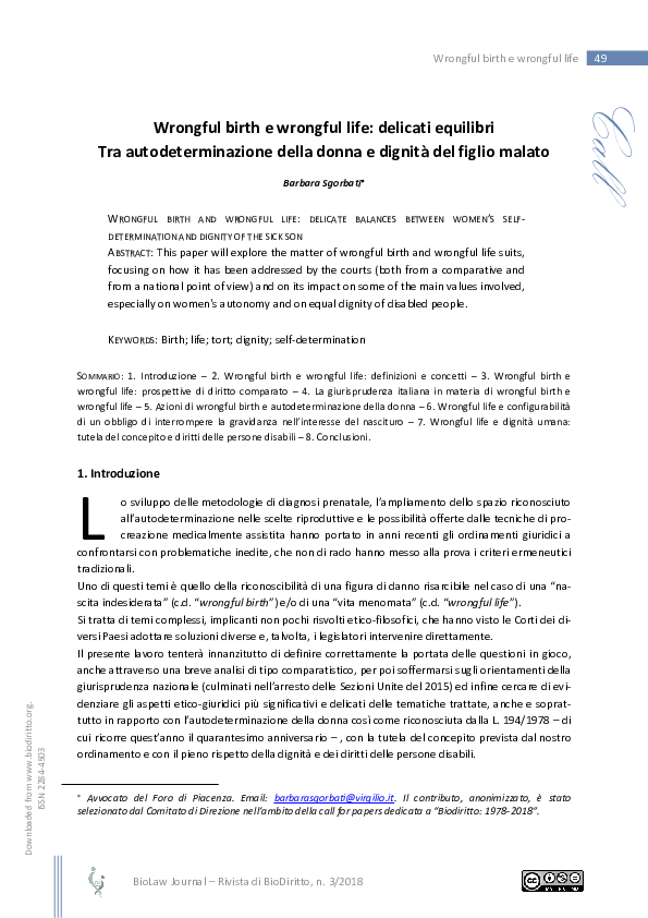 (PDF) Wrongful birth e wrongful life: delicati equilibri tra ...