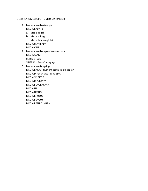 (DOC) JENIS JENIS MEDIA PERTUMBUHAN BAKTERI