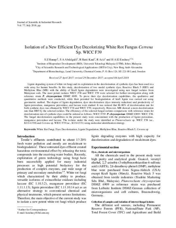 (PDF) Isolation of a New Efficient Dye Decolorizing White Rot Fungus ...