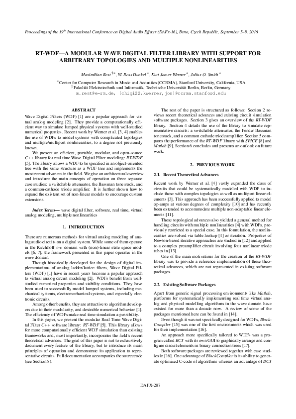 (PDF) RT-WDF—A Modular Wave Digital Filter Library With Support For Arbitrary Topologies And ...