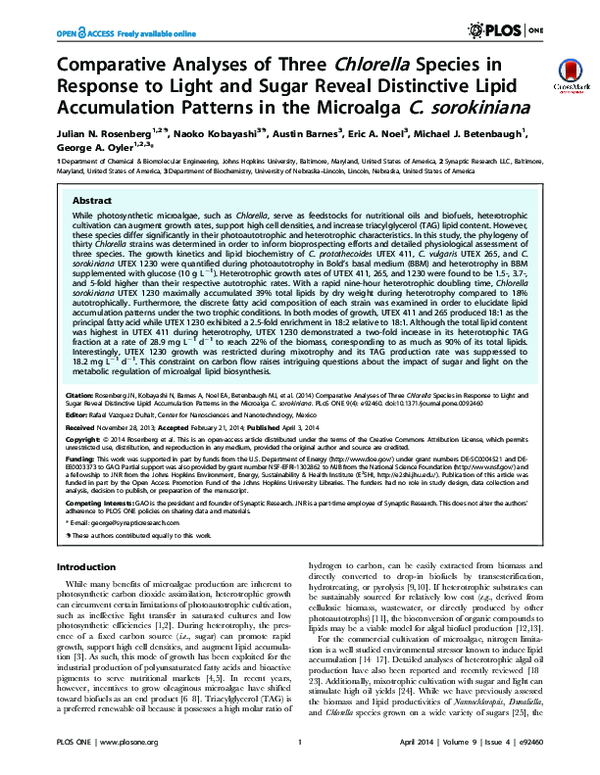 (PDF) Comparative Analyses of Three Chlorella Species in Response to Light and Sugar Reveal ...