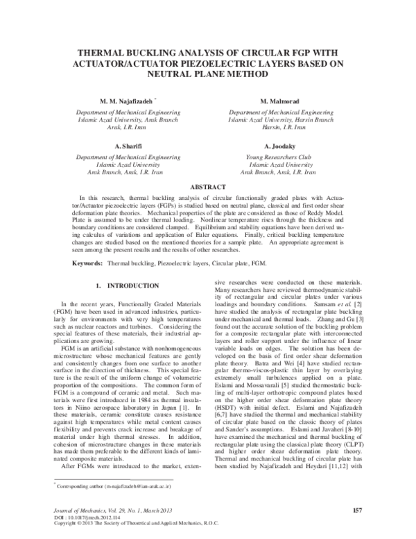 (PDF) THERMAL BUCKLING ANALYSIS OF CIRCULAR FGP WITH ACTUATOR/ACTUATOR PIEZOELECTRIC LAYERS ...