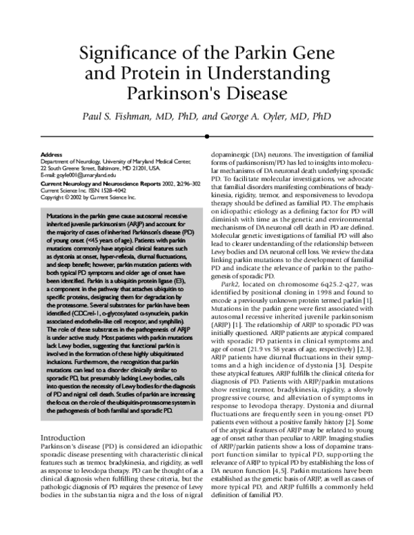 (PDF) Significance of the parkin gene and protein in understanding Parkinson's disease | George ...