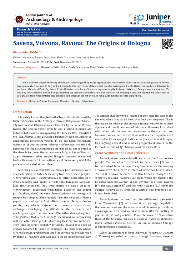 (PDF) Savena, Volvona, Ravona: The Origins of Bologna