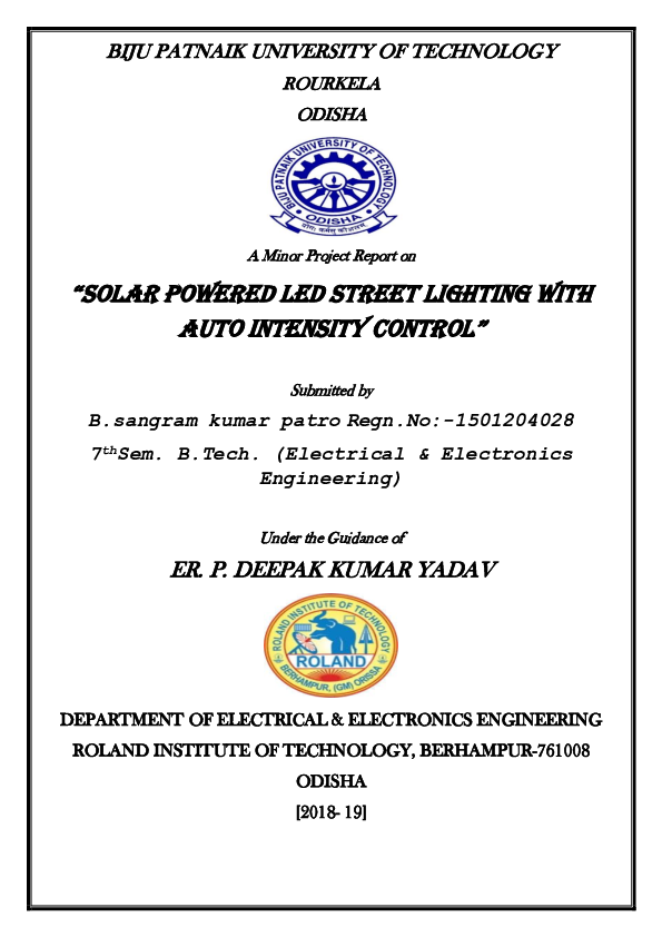 (DOC) " solar powered led street lighting with auto intensity control