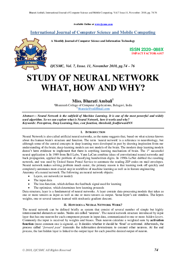(PDF) STUDY OF NEURAL NETWORK WHAT, HOW AND WHY? | IJCSMC Journal and ...