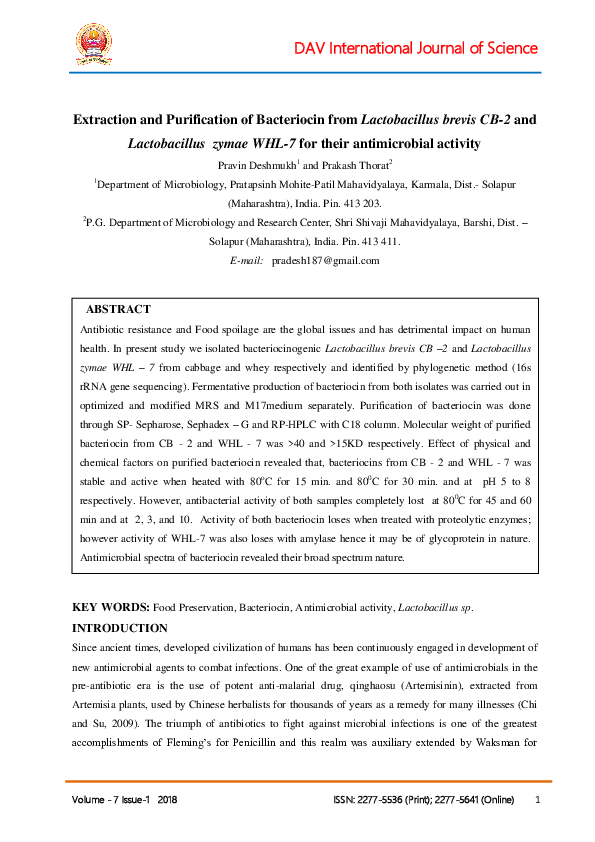 (PDF) Extraction and Purification of Bacteriocin from Lactobacillus brevis CB-2 and ...
