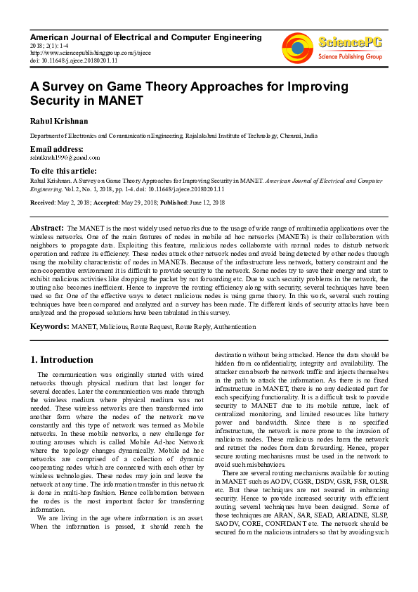 (PDF) A Survey on Game Theory Approaches for Improving Security in MANET