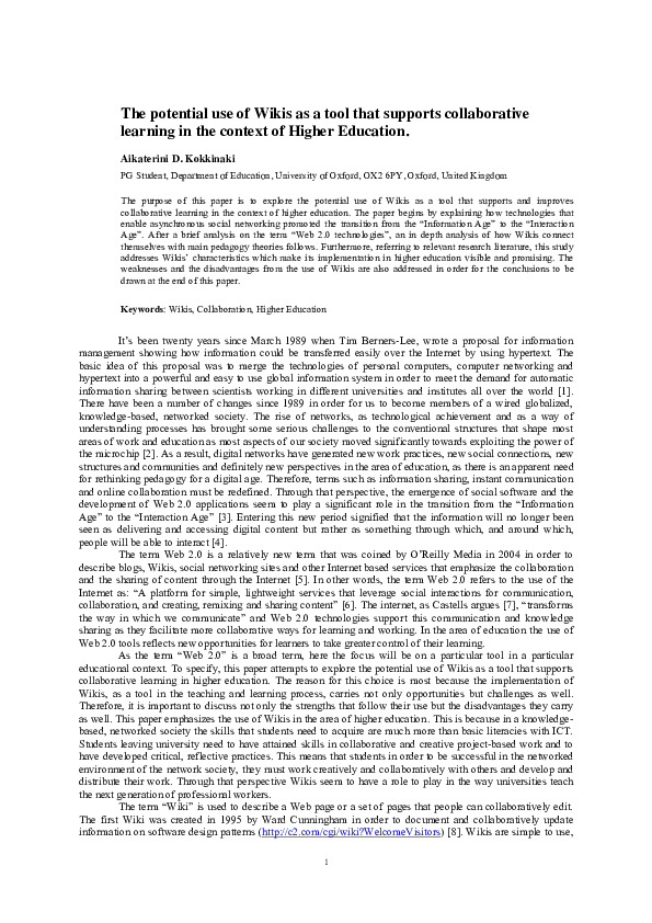 (PDF) The potential use of Wikis as a tool that supports collaborative ...