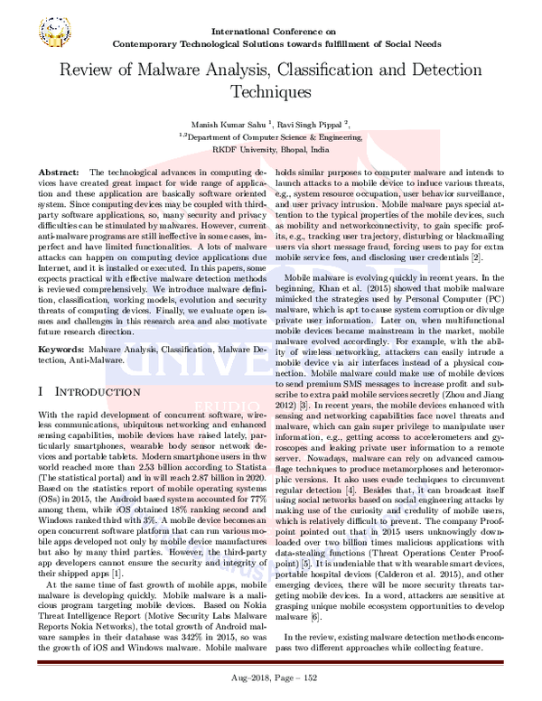 (PDF) Review of Malware Analysis, Classification and Detection Techniques