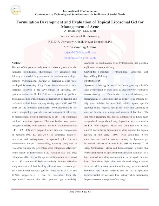 Pdf Formulation Development And Evaluation Of Topical Liposomal Gel For Management Of Acne