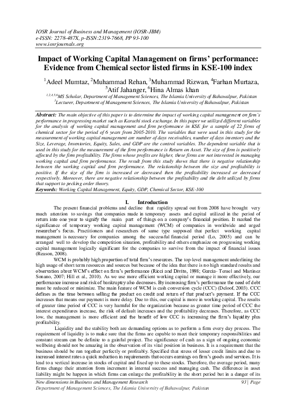 (PDF) Impact of Working Capital Management on firms' performance: Evidence from Chemical sector ...