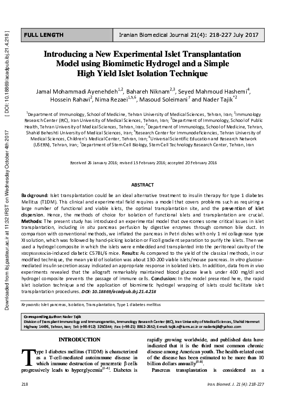 Pdf Introducing A New Experimental Islet Transplantation Model Using