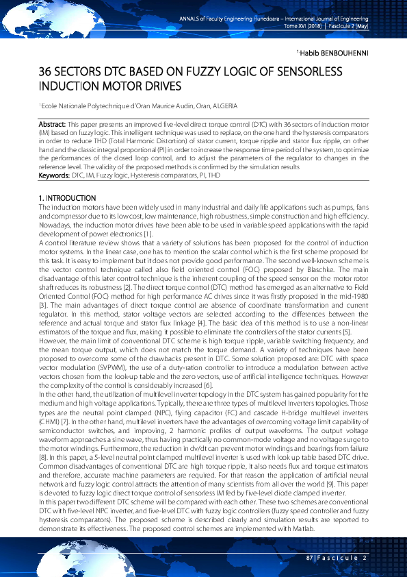 Pdf 36 Sectors Dtc Based On Fuzzy Logic Of Sensorless Induction Motor